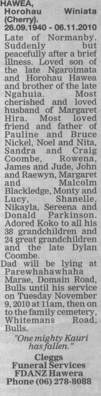 Hawea, Horohau Winiata Death Notice 2010 (Hawke's Bay Today) | Record ...