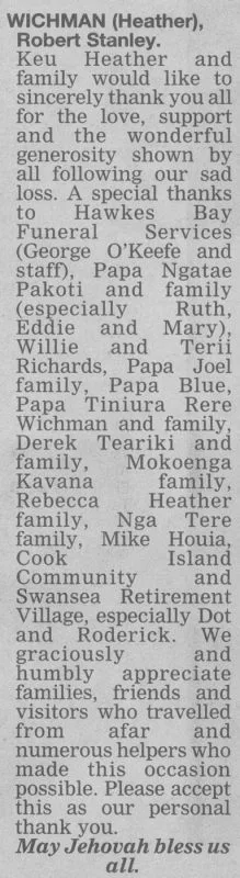 Wichman, Robert Stanley Acknowledgement Notice 2012 (Hawke's Bay Today ...