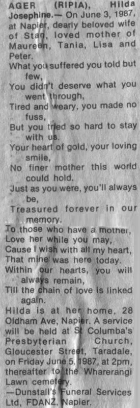 Ager (Ripia), Hilda Josephine Death Notice 1987 (The Daily Telegraph ...