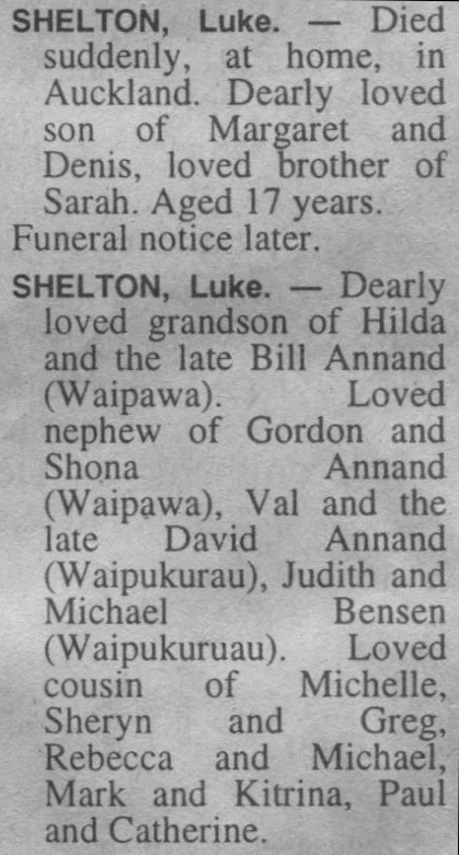 Shelton, Luke Death Notices 1998 (The Hawke's Bay Herald-Tribune ...