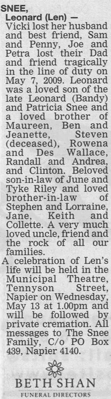 Snee, Leonard (Len) Death Notice 2009 (Hawke's Bay Today) | Record ...