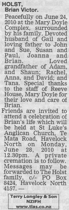 Holst, Brian Victor Death Notice 2010 (Hawke's Bay Today) | Record ...