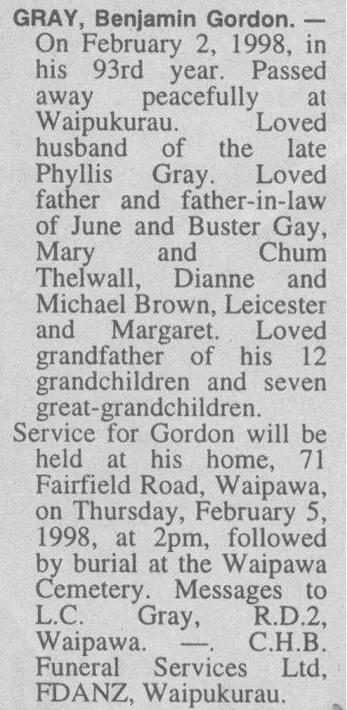 Gray, Benjamin Gordon Death Notice 1998 (The Hawke's Bay Herald Tribune ...