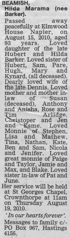 Beamish, Hilda Marama Death Notice 2010 (Hawke's Bay Today) | Record | DigitalNZ