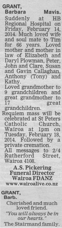 Grant, Barbara Mavis Death Notice 2014 (Hawke's Bay Today) | Record ...