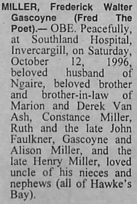 Miller, Frederick Walter Gascoyne (Fred The Poet) Death Notice 1996 (The Hawke's Bay Herald ...