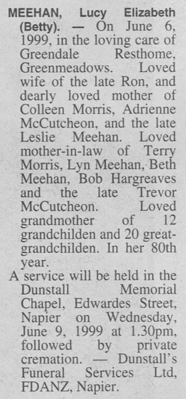 Meehan, Lucy Elizabeth (Betty) Death Notice 1999 (Hawke's Bay Today ...