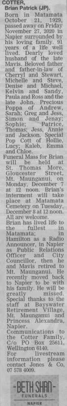 Cotter, Brian Death Notice 2020 (Hawke's Bay Today) | Record | DigitalNZ