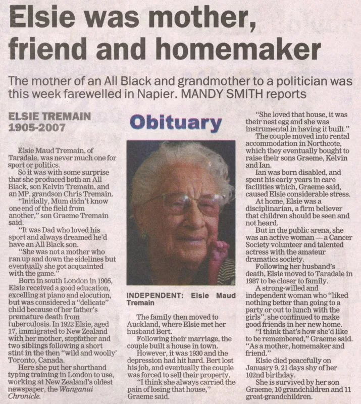 Newspaper Article 2007 – Elsie was mother, friend and homemaker (Hawke ...