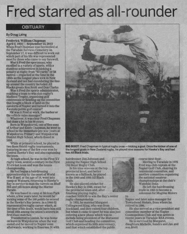 Newspaper Article 2012 – Fred starred as all-rounder (Hawke's Bay Today) | Record | DigitalNZ