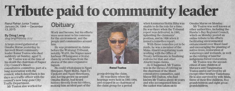 Newspaper Article 2015 – Tribute paid to community leader (Hawke's Bay ...