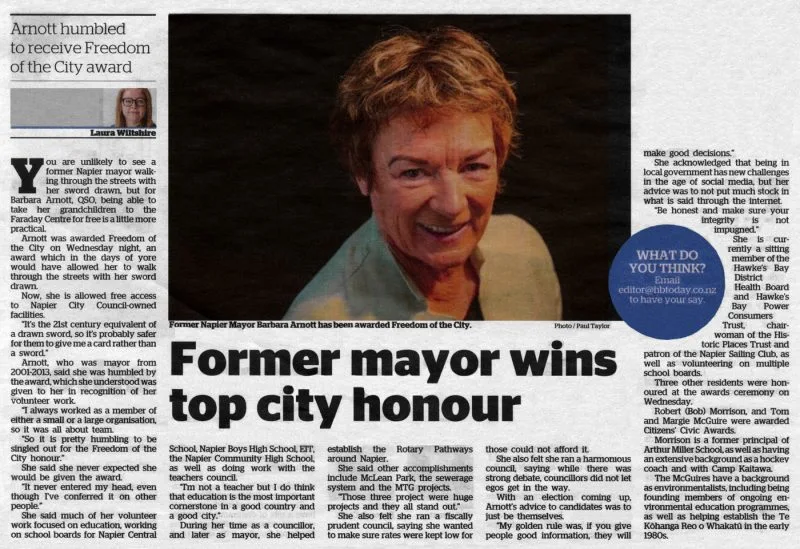 Newspaper Article 2019 – Former mayor wins top city honour (Hawke's Bay ...