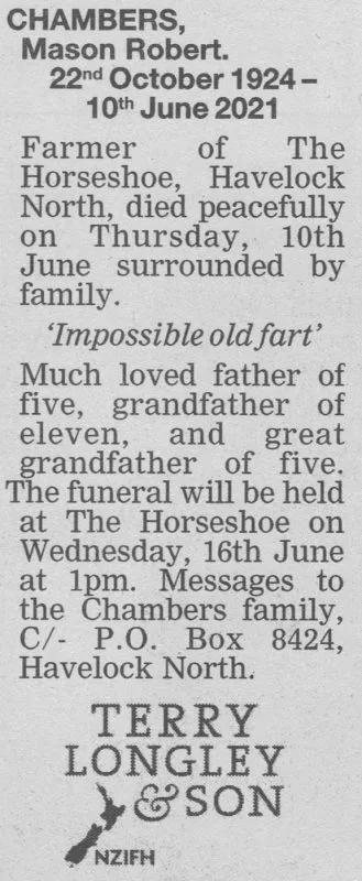 Chambers, Mason Robert Death Notice 2021 (Hawke's Bay Today) | Record ...