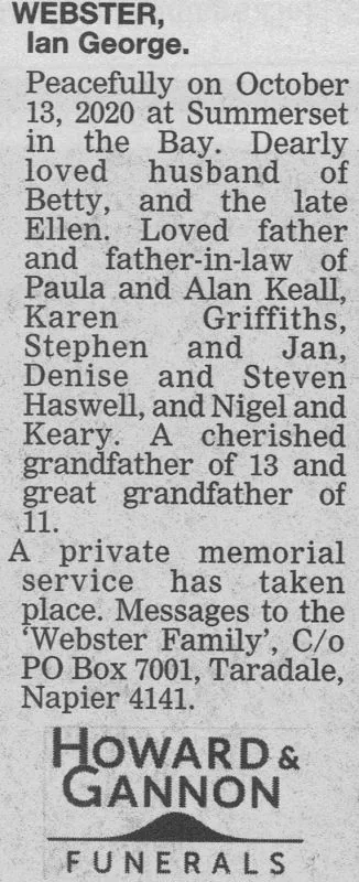 Webster, Ian George Death Notice 2020 (Hawke's Bay Today) | Record ...
