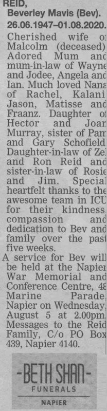 Reid, Beverley Mavis (Bev) Death Notice 2020 (Hawke's Bay Today ...
