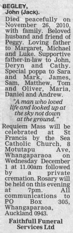 Begley, John (Jack) Death Notice 2010 (Hawke's Bay Today) | Record ...