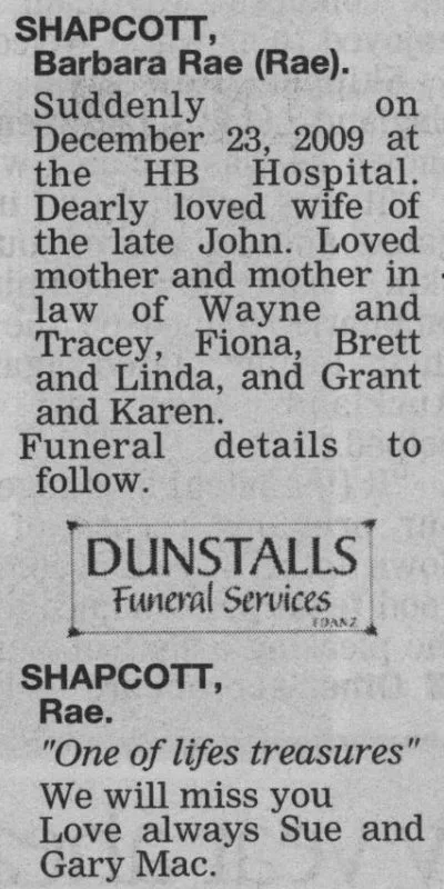 Shapcott, Barbara Rae (Rae) Death Notices 2009 (Hawke's Bay Today ...