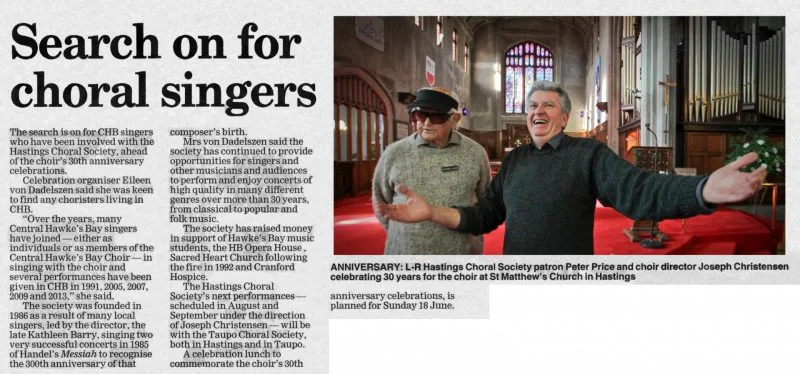 Newspaper Article 2017 – Search on for choral singers (Hawke's Bay ...