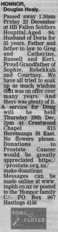 Honnor, Douglas Healy Death Notice 2022 (Hawke's Bay Today) | Record ...