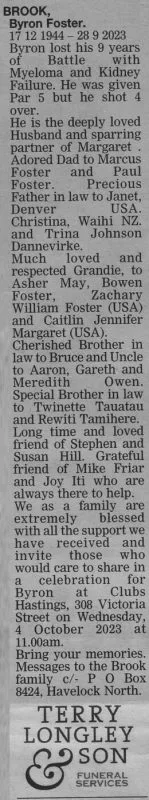 Brook, Byron Foster Death Notice 2023 (Hawke's Bay Today) | Record ...