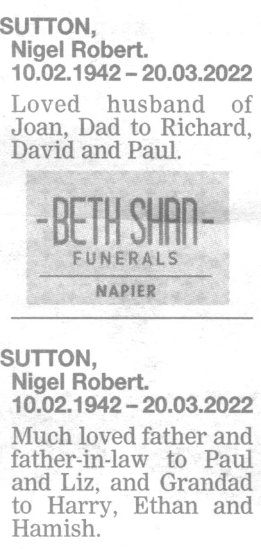 Sutton, Nigel Robert Death Notice 2022 (Hawke's Bay Today) | Record ...