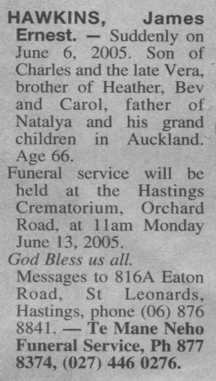 Hawkins, James Ernest Death Notice 2005 (Hawke's Bay Today) | Record | DigitalNZ
