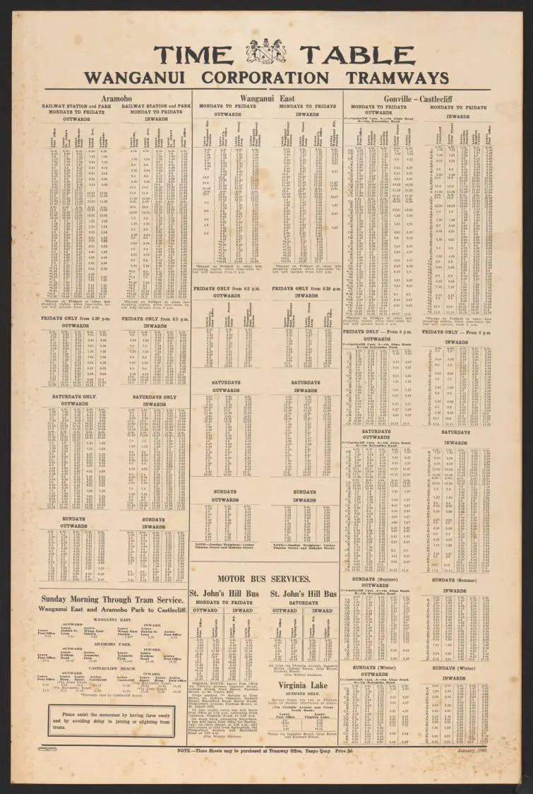 Wanganui Corporation Tramways Time Table, 1948 | Record | DigitalNZ