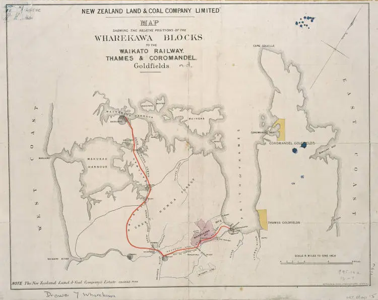 Map shewing the relative positions of the Wharekawa blocks to the Waikato railway, Thames ...