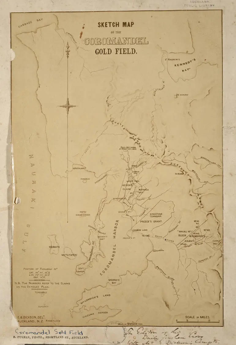 Sketch map of the Coromandel gold field, by E. B. Dickson | Record ...