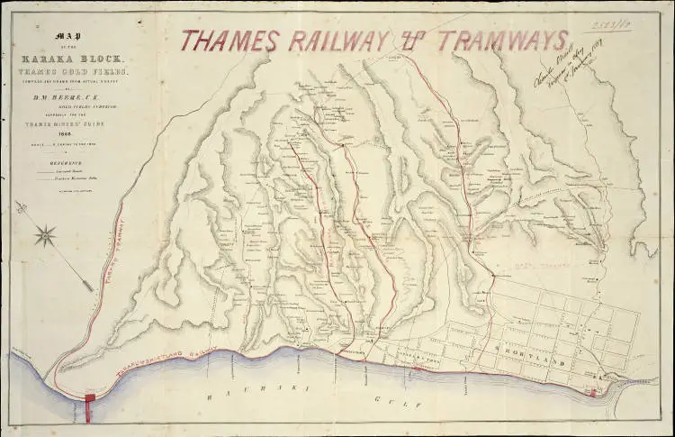 Map of the Karaka Block Thames gold fields. Compiled and drawn from actual survey by D. M. Beere ...
