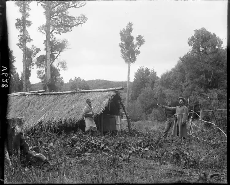 Three men by a whare at Hangatiki in the Waikato, 1900 | Record | DigitalNZ