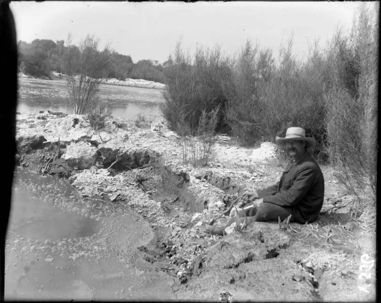 Charles Butcher beside a geothermal pool at Strathmore, 1910 | Record ...