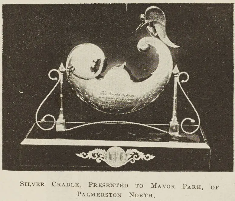 Silver cradle, presented to Mayor Park, of Palmerston North | Record ...