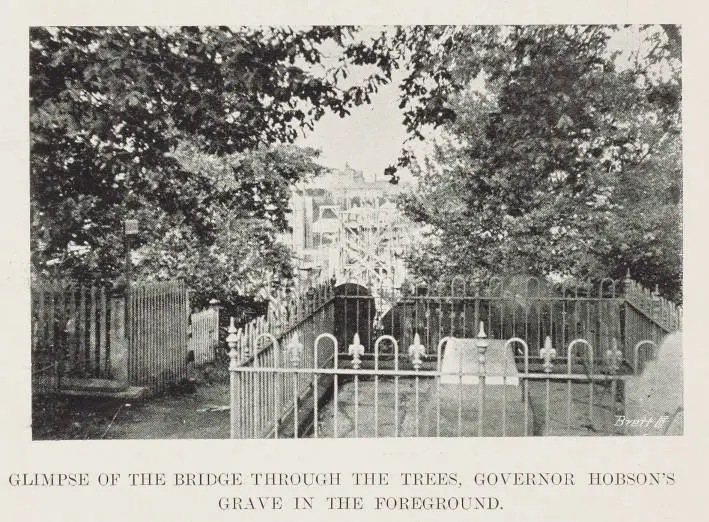 Glimpse of the bridge through the trees, Governor Hobson's grave in the foreground | Record ...