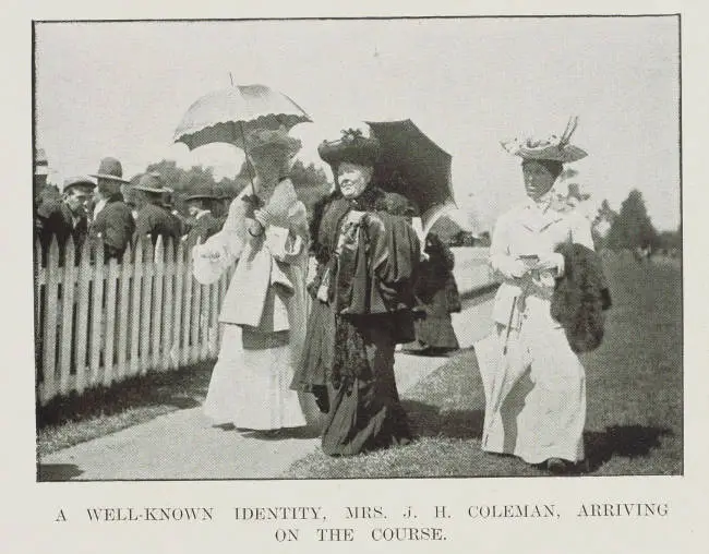 A well-known identity, Mrs J H Coleman, arriving on the course | Record ...