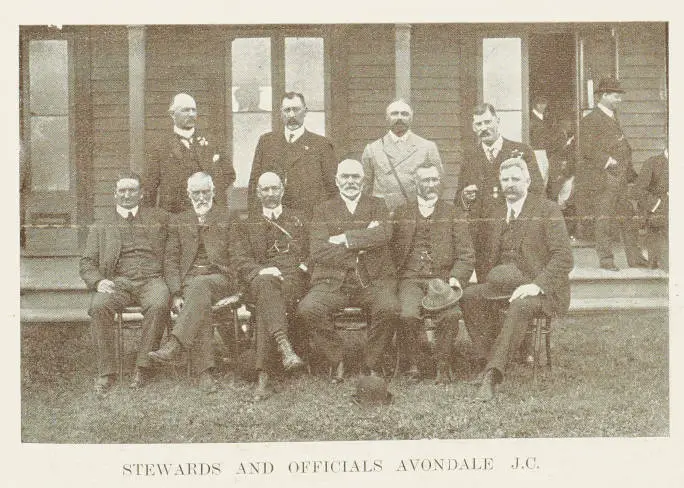 A group portrait of the stewards and officials of the Avondale Jockey ...