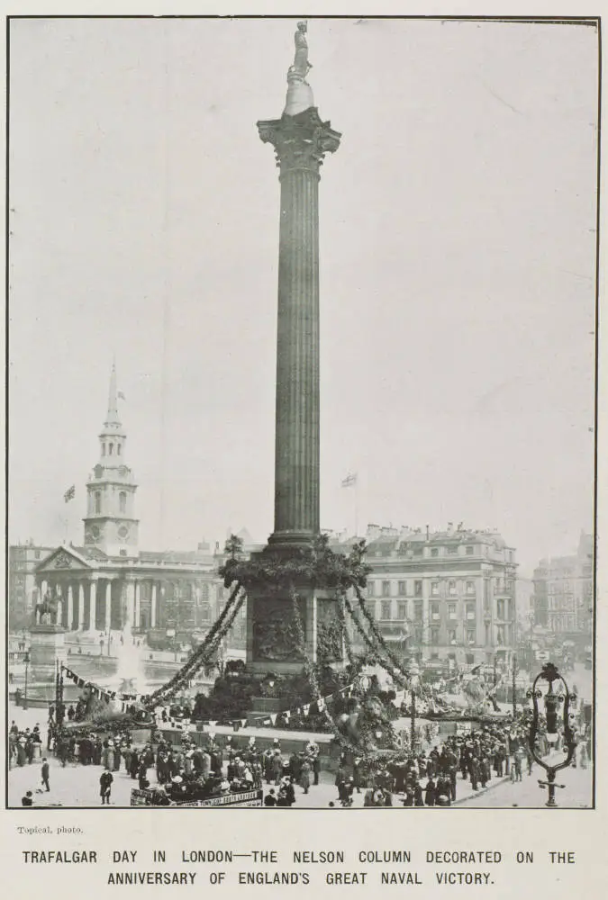 Trafalgar Day in London - Nelson's Column decorated on the anniversary of England's great naval ...