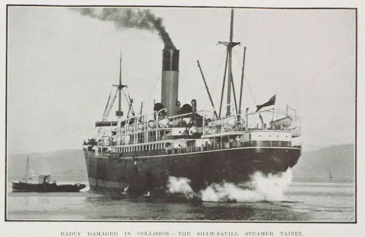 Badly damaged in collision - the Shaw-Savill steamer Tainui | Record ...