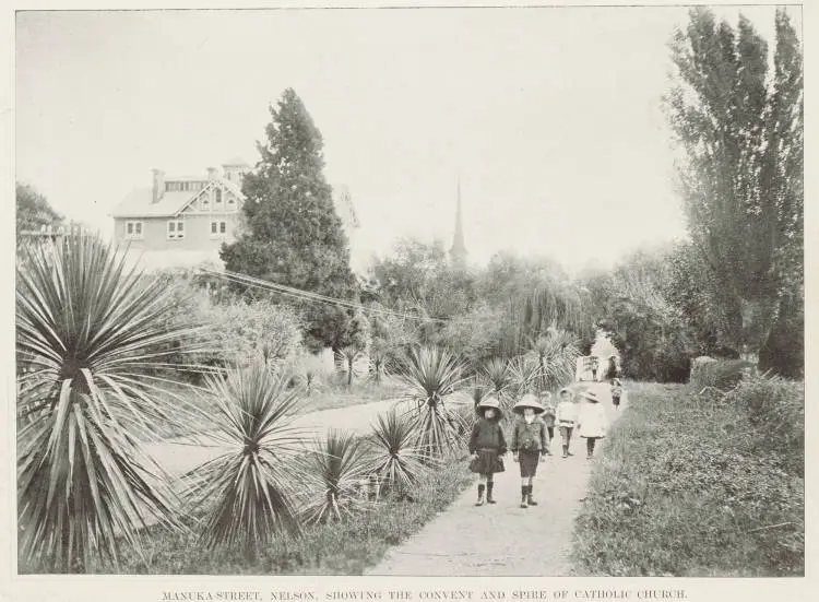 Manuka Street, Nelson, showing the convent and spire of the Catholic ...
