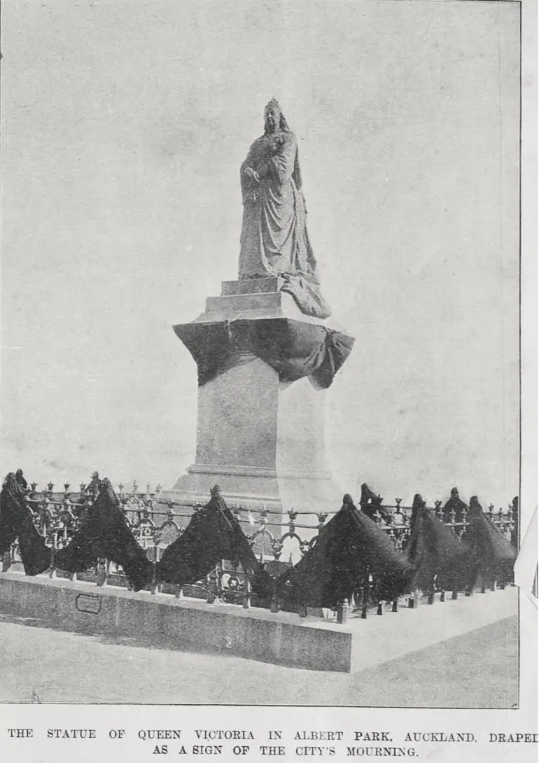 The statue of Queen Victoria in Albert Park, Auckland, draped as a sign ...