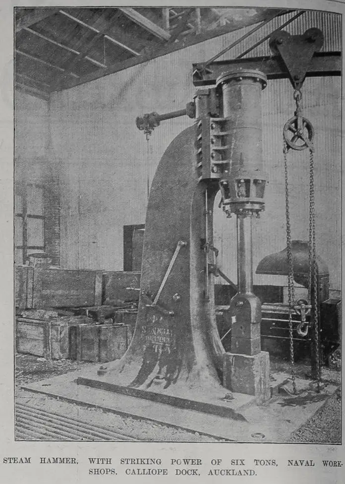 Steam hammer with striking power of 6 tons, naval workshops, Calliope ...