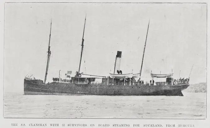 The S S Clansman steaming for Auckland from Hohoura with 52 survivors ...