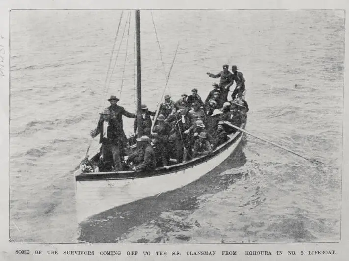 Some of the survivors coming off to the S S Clansman from Hohoura in no ...