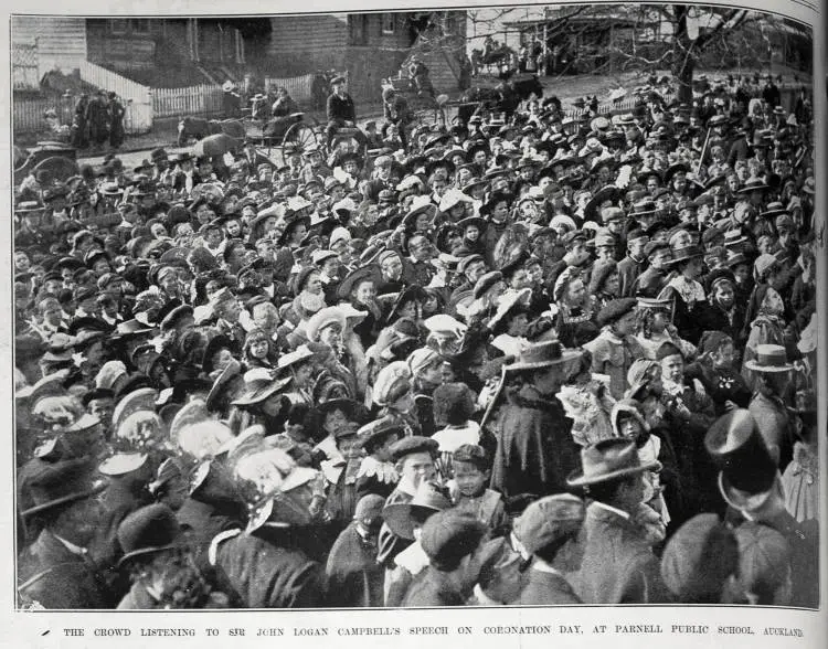 The crowd listening to Sir John Logan Campbell's speech on Coronation ...
