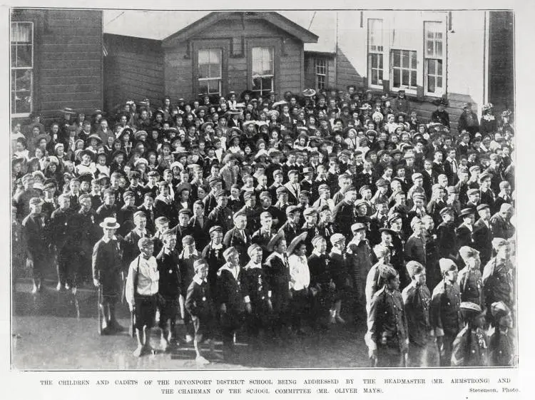 The children and cadets of the Devonport school being addressed by the headmaster, Mr Armstrong ...