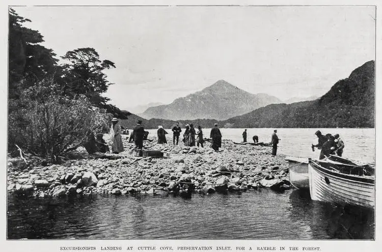 Excursionists landing at Cuttle Cove at Preservation Inlet for a ramble ...