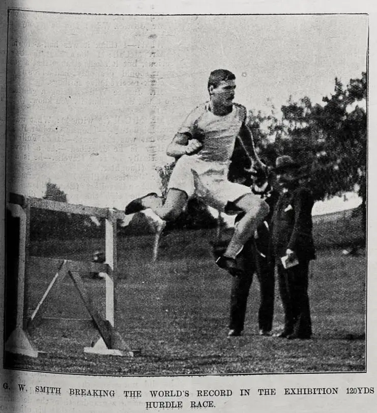 G W Smith breaking the world's record in the exhibition 120 yards ...