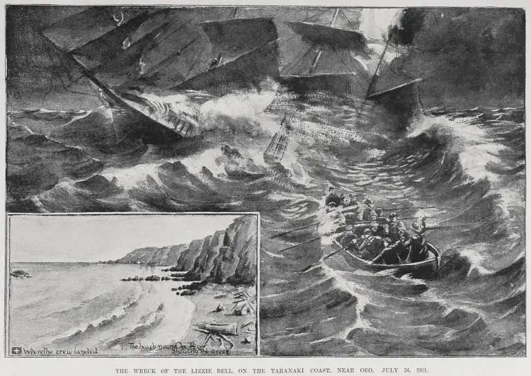 The wreck of the Lizzie Bell, on the Taranaki Coast, near oleo, July 24 ...