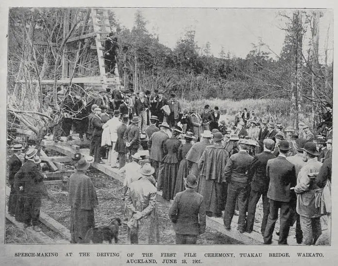 Speech-making at the driving of the first pile ceremony, Tuakau Bridge ...