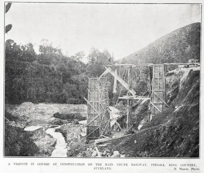A viaduct in course of construction on the Main Trunk railway, Piriaka ...